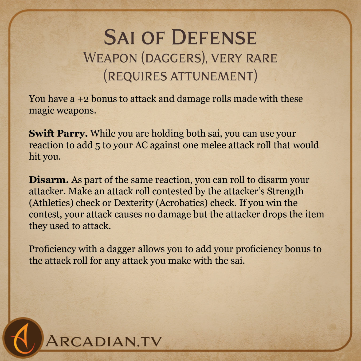Sai of Defense – new DnD magic weapons - Arcadian Media